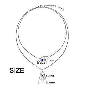 JZMSJF 925 Sterling Silver Fashion Layered Evil Eye Hamsa Hand Charm Blue White CZ Pendant Necklace