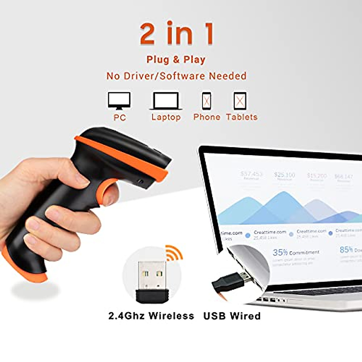 Tera Barcode Scanner Wireless and Wired with Battery Level Indicator 1D 2D QR Digital Printed Bar Code Reader Cordless Handheld Barcode Scanner Compact Plug and Play Model D5100