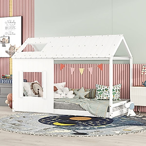 GINGVAT Twin Size Wooden House Bed with Roof and Window, Wood Bedframe Furniture，White