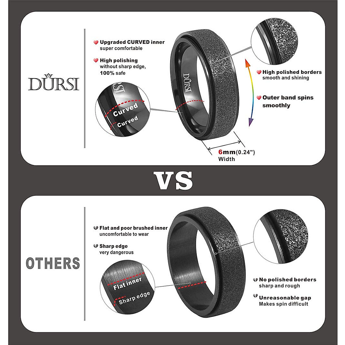 DURSI Spinner Ring for Women Men Fashion Stainless Steel Fidget Ring for Anxiety Sand Blast Finish 6MM / 8MM (Black 6mm, 4)