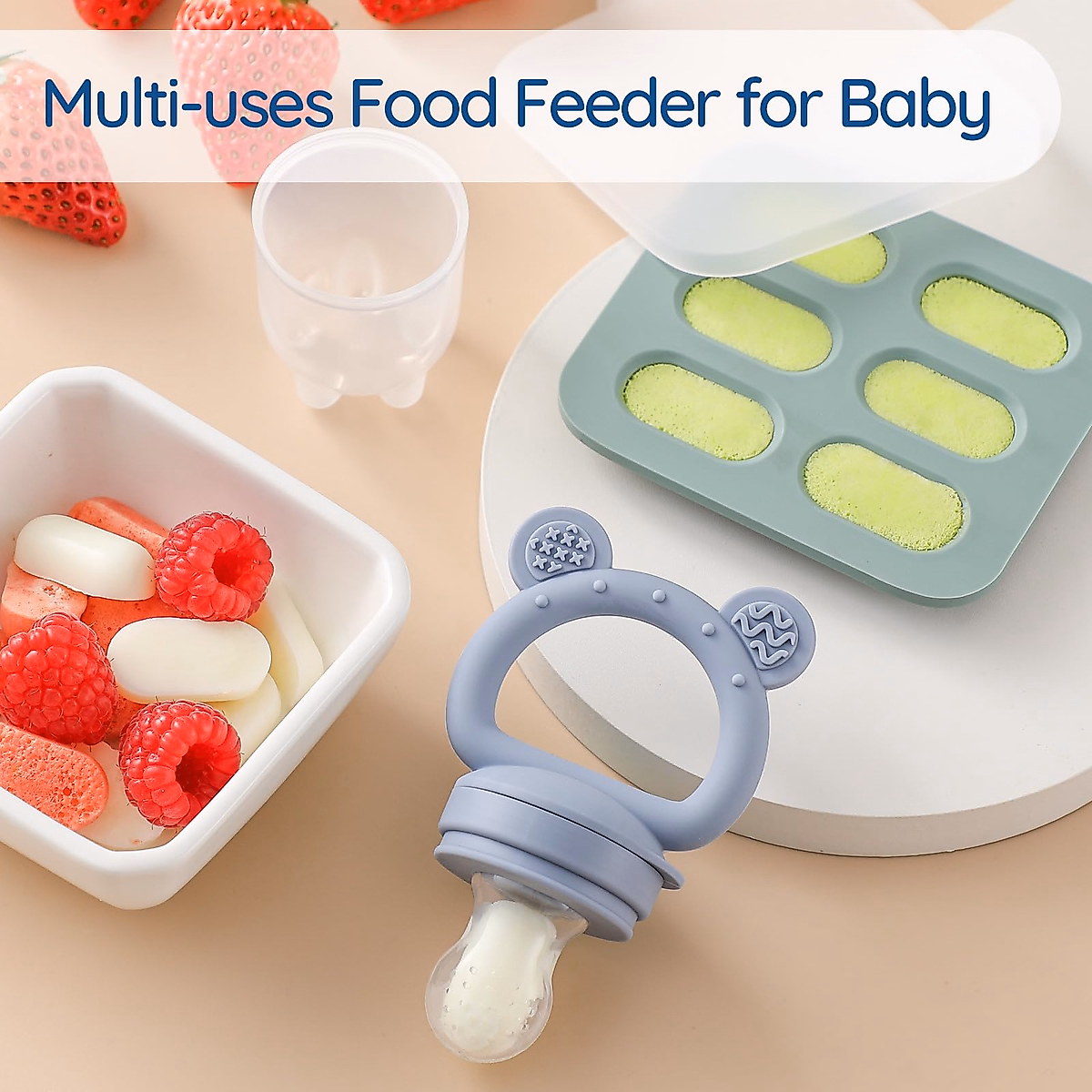 2 Pack Silicone Baby Fruit Feeder with Mini Freezer Tray, Baby Teethers, Breastmilk Popsicle Molds for Baby Teething Relief, Fresh Food Feeder for Safe Infant Self Feeding, Extra Food Pouches