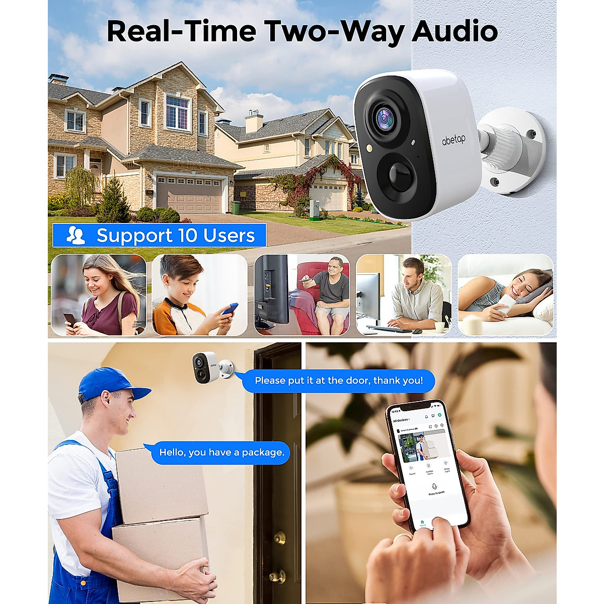 abetap Wireless Security Camera - Outdoor WiFi Security Cameras w/Color Night Vision, AI/PIR Detection, 2-Way Talk, Cloud/SD, Weatherproof, Battery Powered Outdoor Cameras for Home Security Outside