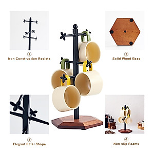 Coffee Mug Holder, Wooden Base Mug Tree for Counter, Unbreakable Metal Coffee Cup Holder with 6 Hooks, Non-Slip Coffee Mug Rack for Home Storage and Organizer, Coffee Mug Rack (Black)