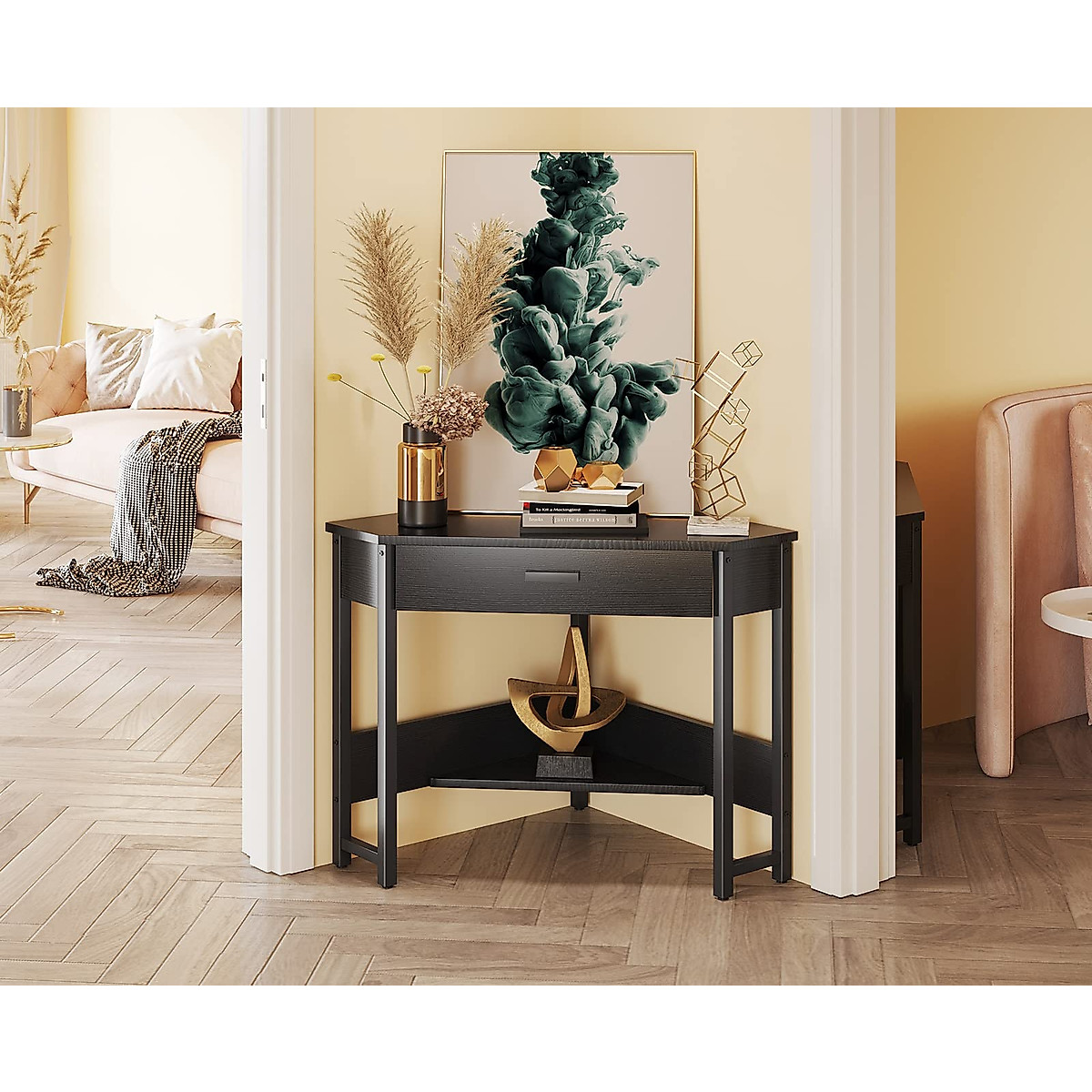 ODK Corner Desk, Triangle Computer Desk Corner Vanity with Large Drawer & Storage Shelves, Corner Writing Desk for Workstation