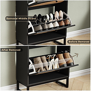 KFO Shoe Cabinet with 2 Handmade Natural Rattan Flip Drawers, Entryway Shoe Rack Storage Organizer for Sneakers, Slippers, Free Standing Shoe Racks, Black……