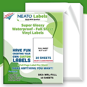 Printable Vinyl Waterproof Sticker Paper for Inkjet and Laser Printer - 10 White Full Sheet Super Glossy Craft Labels - Strong Adhesive - Tear Resistant - Made in The USA - Design Software Included