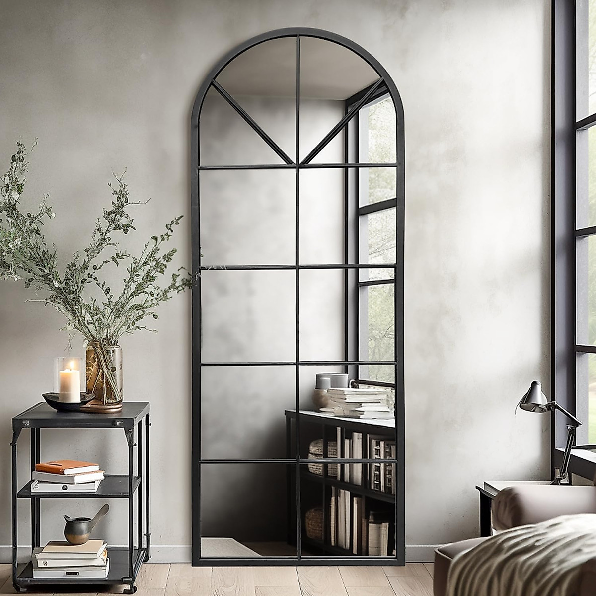 Dewfig Arched Wall Full Length Mirror 22"x65", Black Arched Window Mirror, Vanity Mirror for Bathroom, Bedroom, Entryway, Wall Mirror Full Length with Metal Frame, Arch Top Wall Mirror, Black