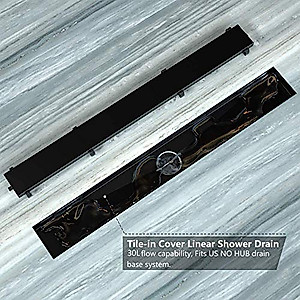 USHOWER 24-Inch Linear Shower Drain with Reversible 2-in-1 Tile Insert Cover, SUS304 Stainless Steel, Includes Hair Strainer, Matte Black