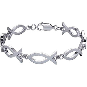 US Jewels 925 Sterling Silver Ichthys Religious Jesus Fish Link Bracelet, 9"