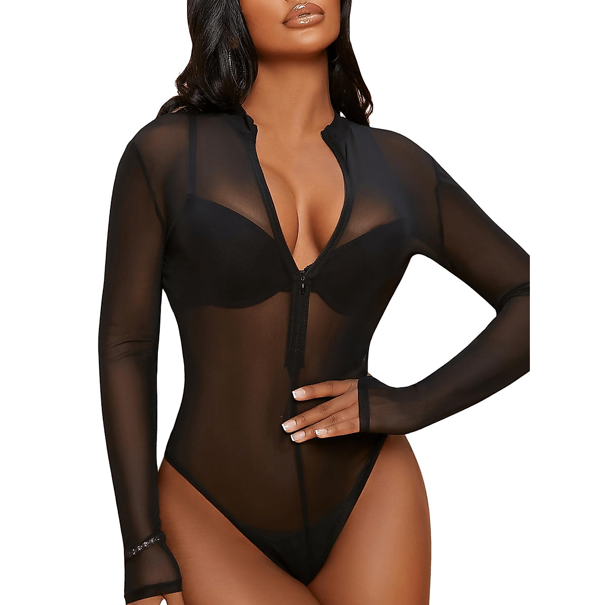Floerns Women's Sheer Mesh Zipper Up Long Sleeve Leotard Bodysuit Top Black L