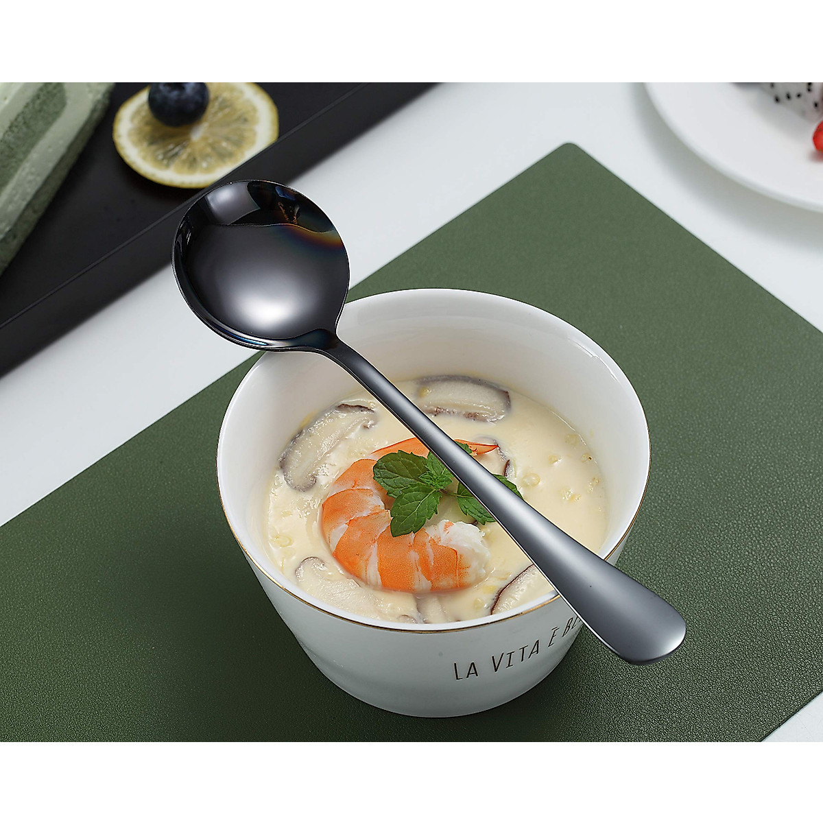 Black Soup Spoons, Kyraton 6 Pieces Stainless Steel Round Spoons With Black Titanium Plating, Black Dinner Spoon Table Spoon, Spoons Silverware Dishwasher Safe Set of 6