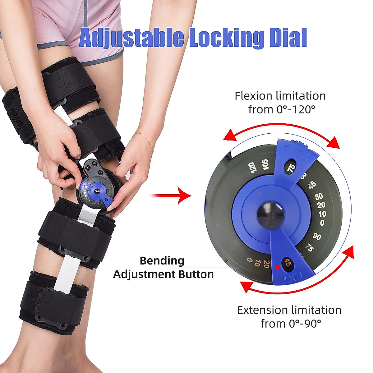 Tairibousy Hinged ROM Knee Brace Post Op Knee Brace Adjustable Knee Immobilizer Support with Side Leg Stabilizers