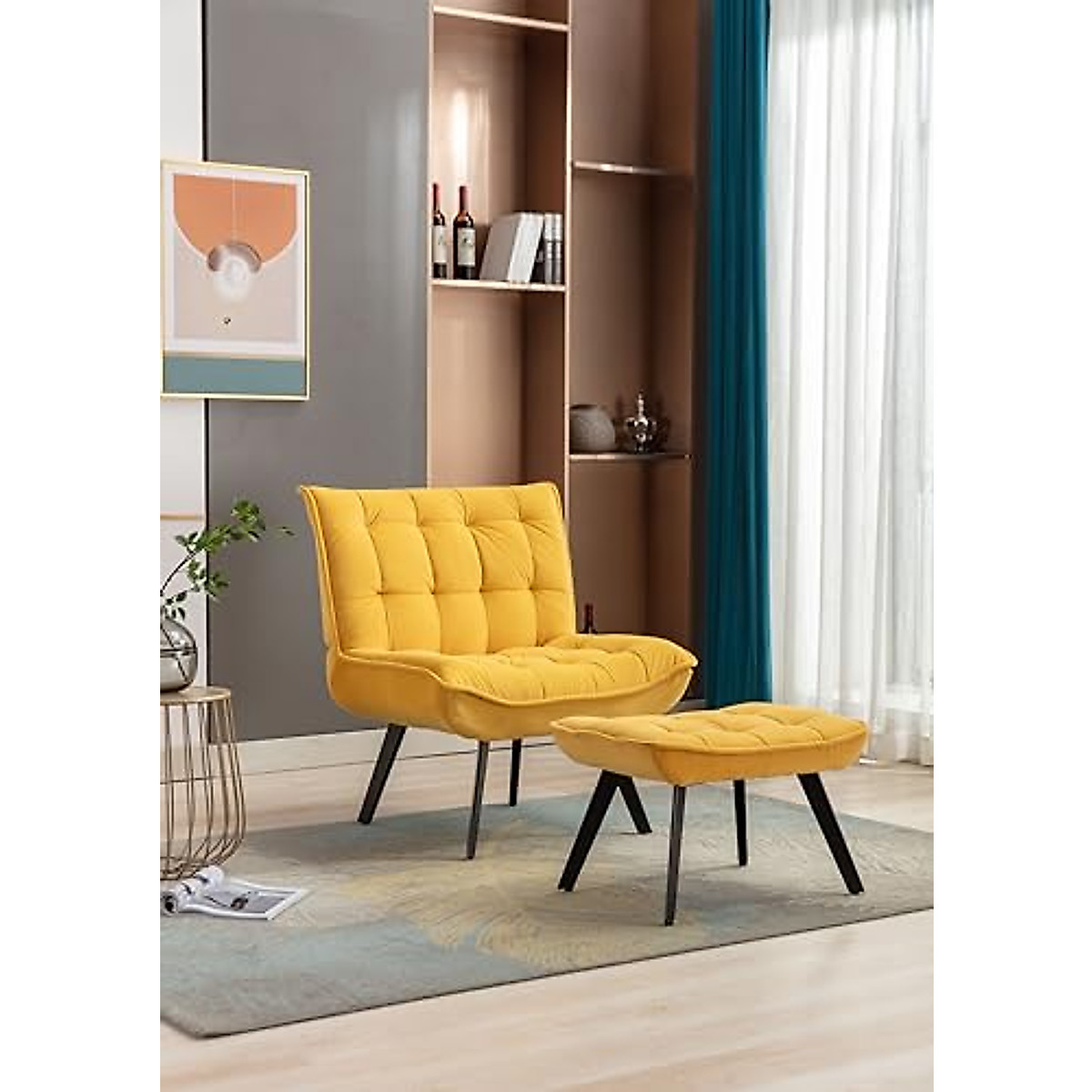 INMOZATA Accent Chairs for Living Room Upholstered Armless Chairs with Footstool Velvet Fabric Single Sofa Chair for Bedroom,Yellow