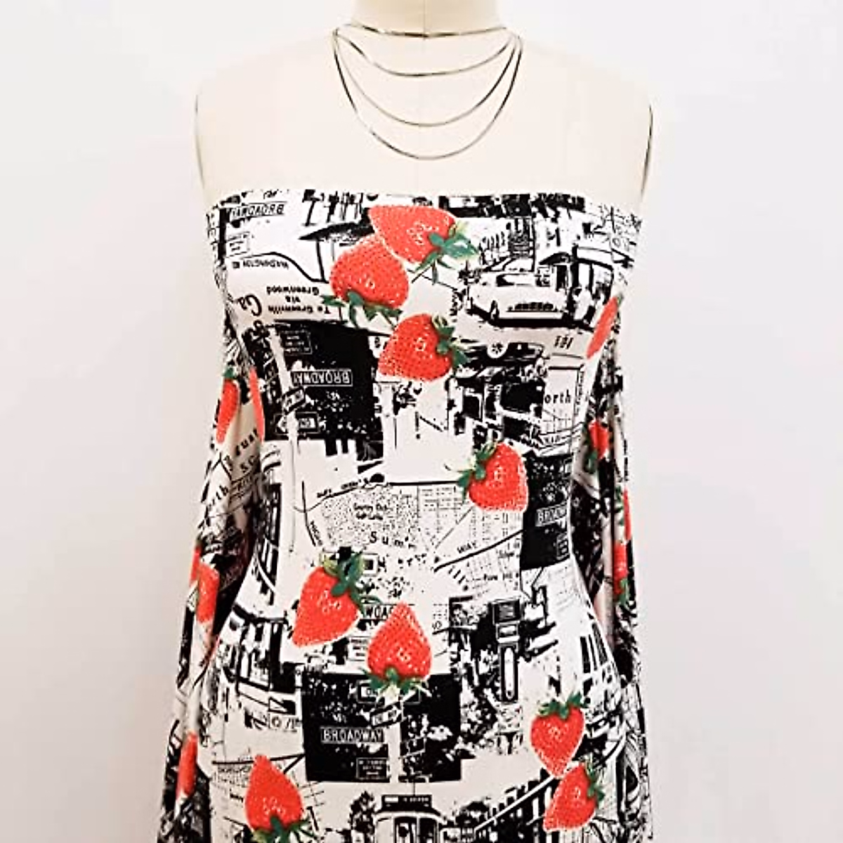 Texco Inc Poly Spandex Printed Conversational Pattern DTY Brushed 4 Way Stretch Fabric, Black Strawberry 2 Yards