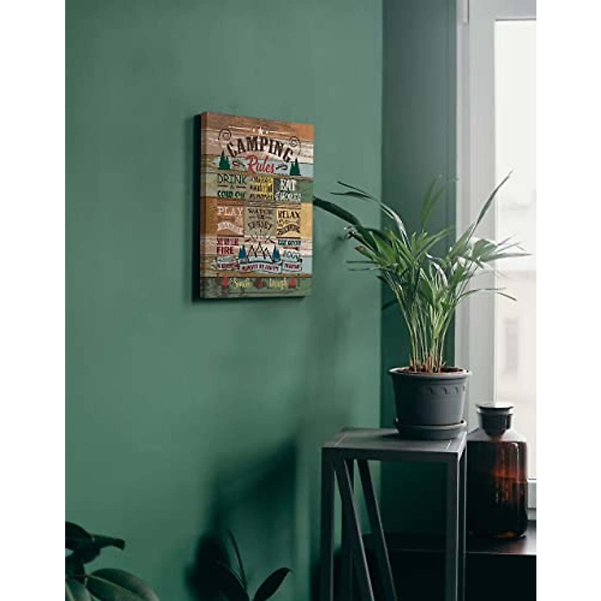 Camping Rules Play Fun Relax Smile Laugh Wood Grain Pattern Wall Art Prints Artwork Decor for Camper Themed Canvas Wall Art Prints,RV Outdoor Living Room Home Decorations,11"x14"