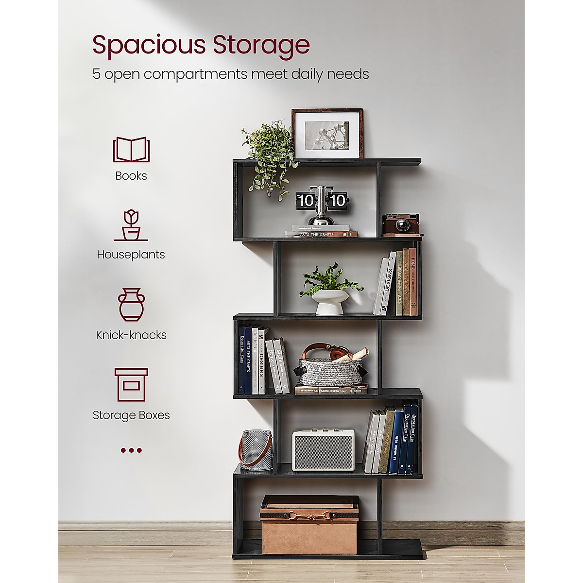 VASAGLE Bookshelf, 5-Tier Bookcase, Tall Display Shelf, Freestanding Storage Shelf, Room Divider, for Home Office, Living Room, Bedroom, Study, Ebony Black ULBC062T56