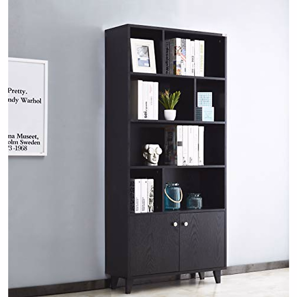 Mixcept Modern Bookcase with 2 Doors 68" Tall Storage Wooden Bookshelf with 7 Compartments for Home Office, Black