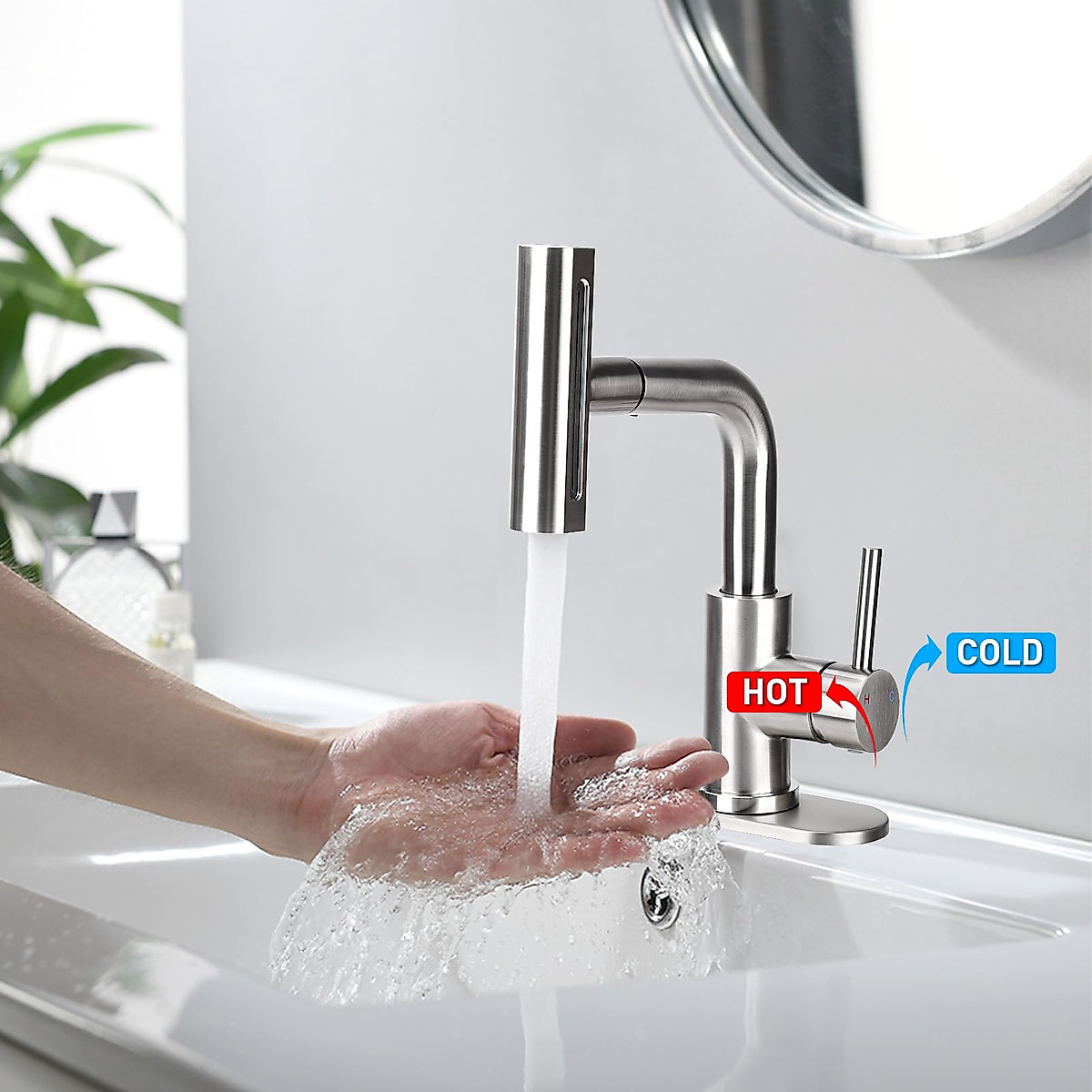 Bietor Bathroom Sink Faucet with Pull Down Sprayer, 4 Mode Brushed Nickel Bathroom Faucet, Single Handle Tall Bathroom Faucet 1 or 3 Hole with Pop-up Drain & Deck Mount Plate