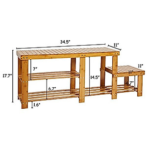 LUCKYERMORE 2 Tier Bamboo Shoe Rack Bench Entryway for 7 Pairs of Shoes and 1 Pair of Boot, Functional Rack Shelf as Plant Stand, Tower Rack, Storage Bench for Bathroom Mudroom Closet