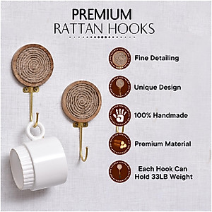 Indian Shelf 3 Piece Wood Boho Wall Hooks for Hanging Coats, Bags, Backpack Decorative Key Holder Unique Coat Rack Wall Mounted Natural Brown Rattan Key Hooks