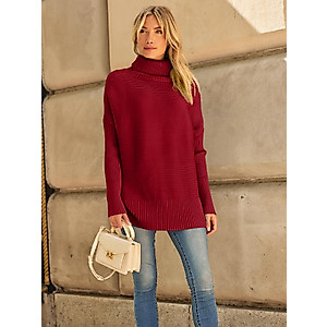 LILLUSORY Women's Christmas Red Turtleneck Oversized Holiday Tunic Fall Winter Sweaters Dress 2024 Batwing Pullover Knit Tops