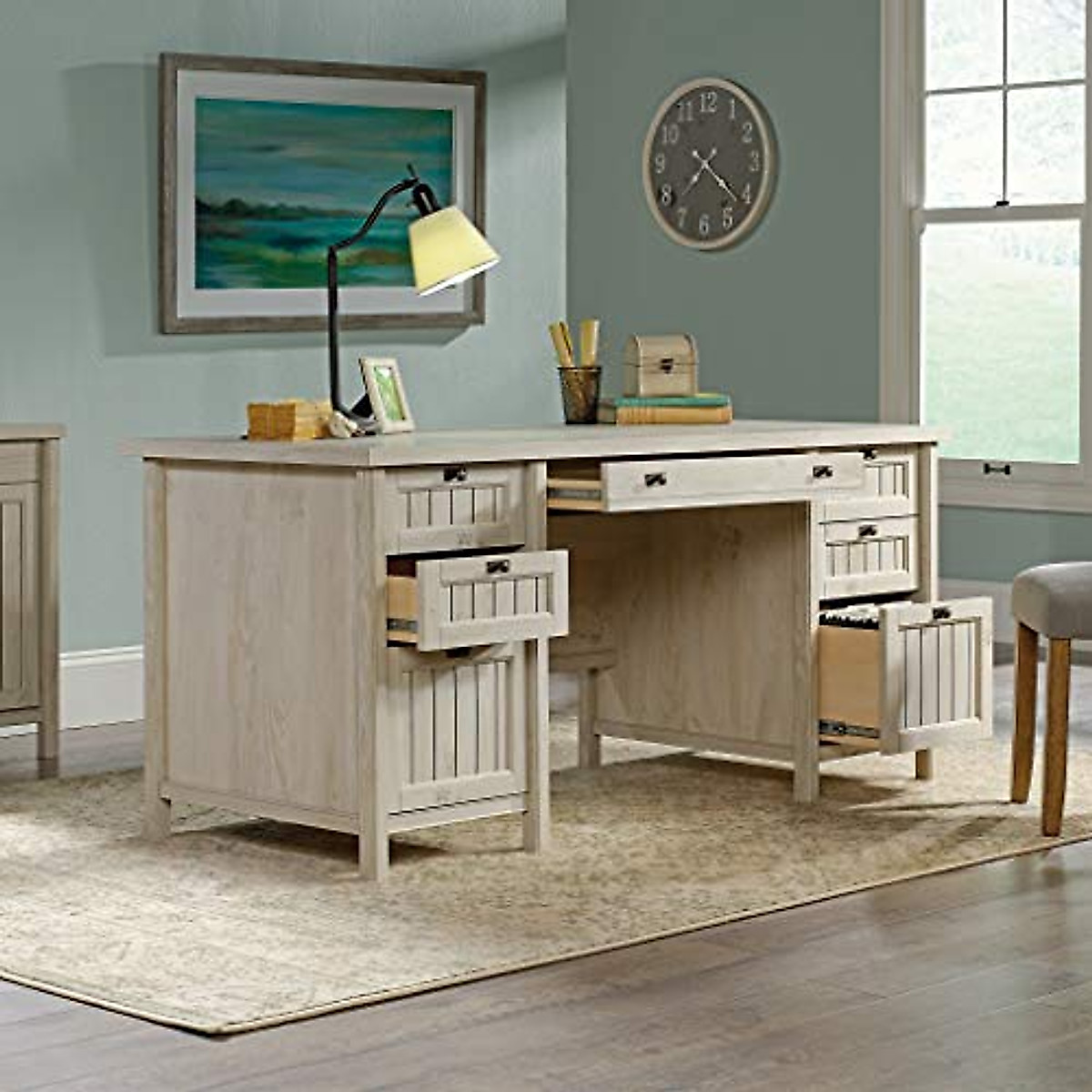 Sauder Costa Executive Desk, L: 65.12" x W: 29.53" x H: 30.0", Chalked Chestnut finish