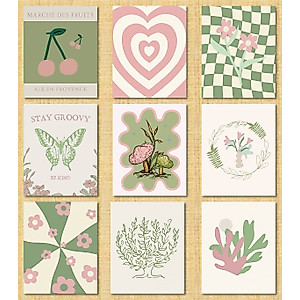 MINI ZOZI Danish Pastel Posters 8x10 9pcs Aesthetic Room Decor Green And Pink Wall Art Prints Collage Cute Coquette Trendy Preppy Coconut Girl Y2k Kawaii Indie Retro Pictures Butterfly Heart Cherry