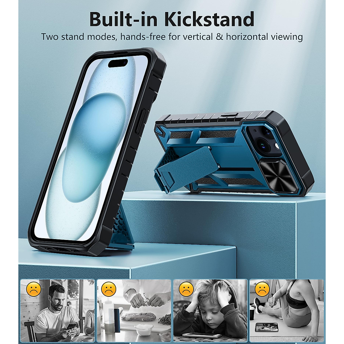 FNTCASE for iPhone 15 Protective Phone-Case: Military Grade Dropproof Cell Phone Cover with Kickstand & Slide | Heavy Duty Rugged Phonecase Bumper Textured | Heavy Duty Protector(Blue)