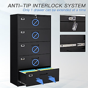 Yizosh 5 Drawer Black File Cabinet with Lock, Filing Cabinet for Home Office, Metal Locking Office File Storage Cabinet with Drawers, Lateral Filing Cabinet Organizer for Letter/Legal/F4/A4
