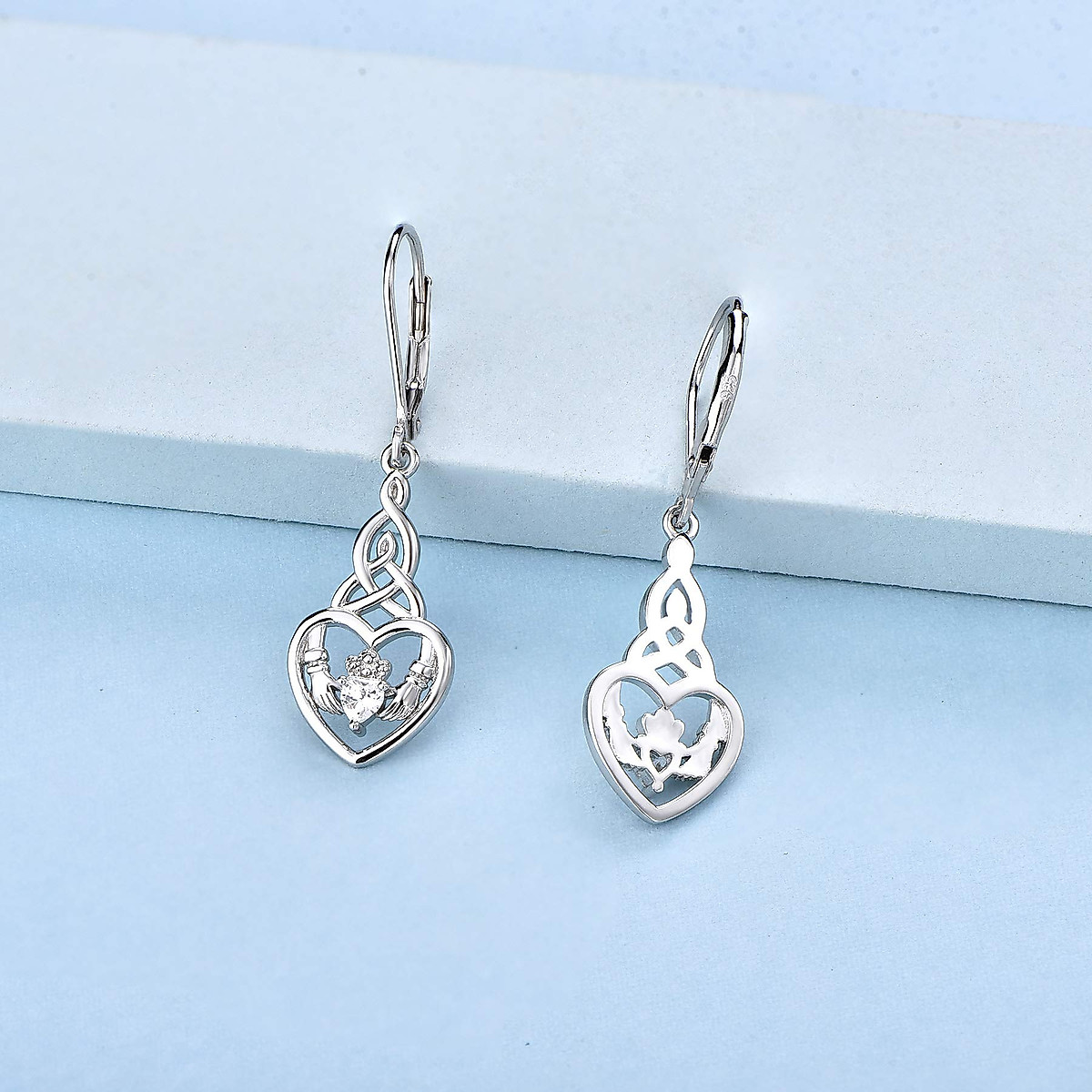 JO WISDOM Women Earrings,925 Sterling Silver Irish Celtic Claddagh Love Heart Drop & Dangle Leverback Earrings with 5A Cubic Zirconia April Birthstone