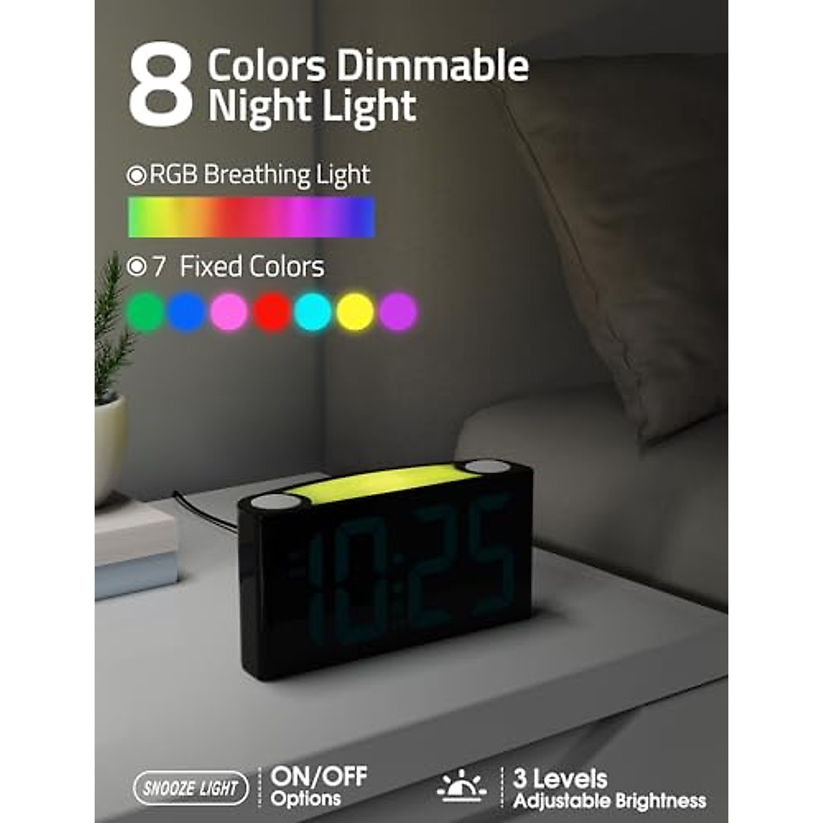 Mesqool Digital Alarm Clock with Bed Shaker & RGB LED Display - Loud for Heavy Sleepers, 7-Color Night Light & Dimmer, Easy Set for Kids, Teens, Elders & Hearing Impaired