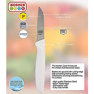 The Kosher Cook Paring Knife, Sharp Kitchen Knife, Ergonomic Handle, Pointed Tip, Color Coded Kitchen Tools (Pack of 3)