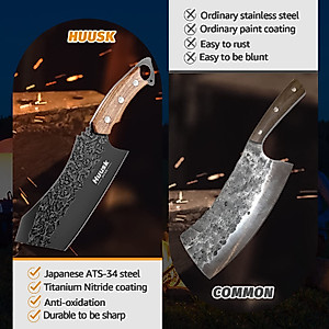 Huusk Japan Knife for Meat Cutting Forged Meat Cleaver Knife with Sheath Bundle with Hand Forged Deboning Knife with Sheath