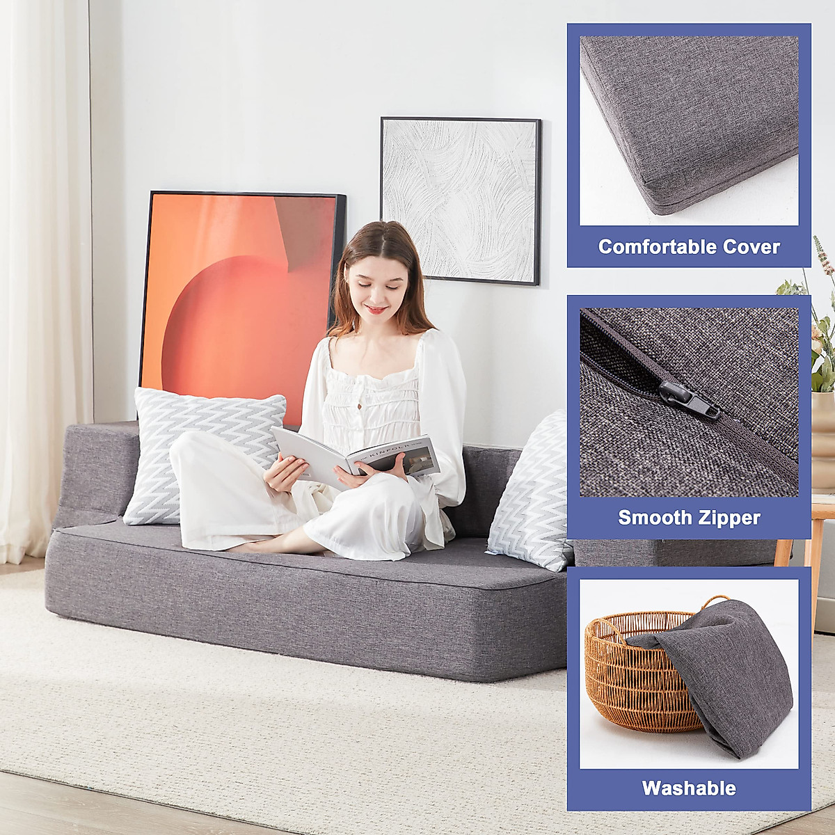 Lazyzizi Floor Sofa Bed, Fold Out Couch Bed with 2 Pillows & Washable Cover Convertible Sleeper Folding Sofa Bed Mattress for Living Room, Guest Bed, Playroom 10inches Twin