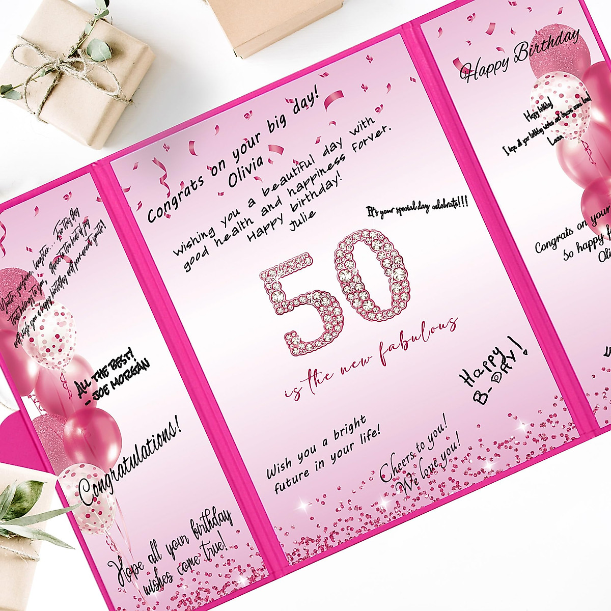 DARUNAXY Hot Pink 50th Birthday Party Decorations for Women, Happy 50th Birthday Alternative Signature Guest Book Pink 50 Birthday Signing Card Board Party Supplies Cheers to 50 Years Old Gifts