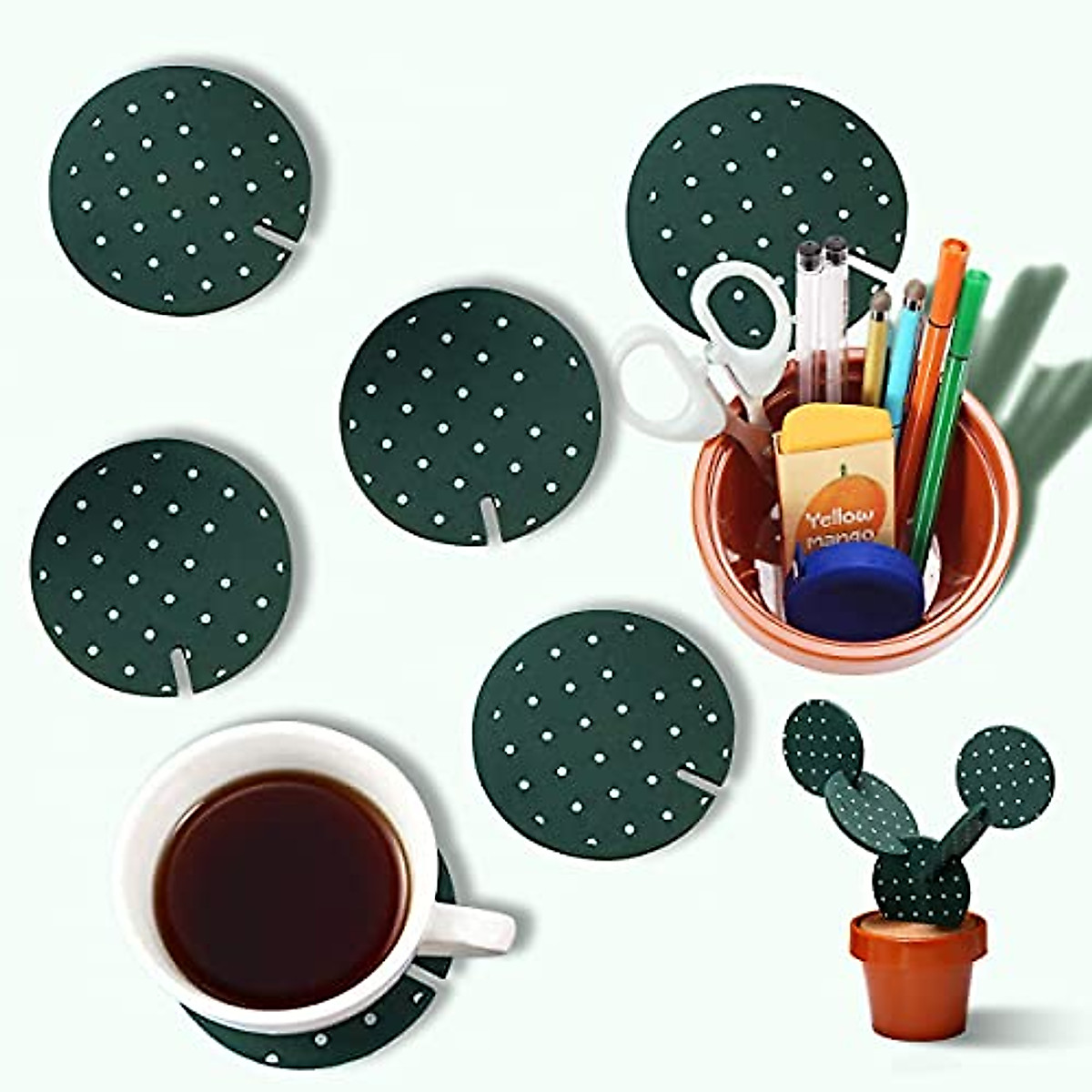 Coasters Cactus Set of 6 DIY Funny Coasters for Drinks with Flowerpot Holder,Novelty Coasters Cactus Gifts for Bar Home Decor (Green with Point) Coffee Table