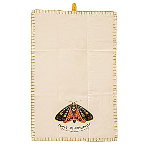Creative Co-Op Cotton Moth Illustration and Dwell in Possibility Message, Multicolor Tea Towel, Ivory