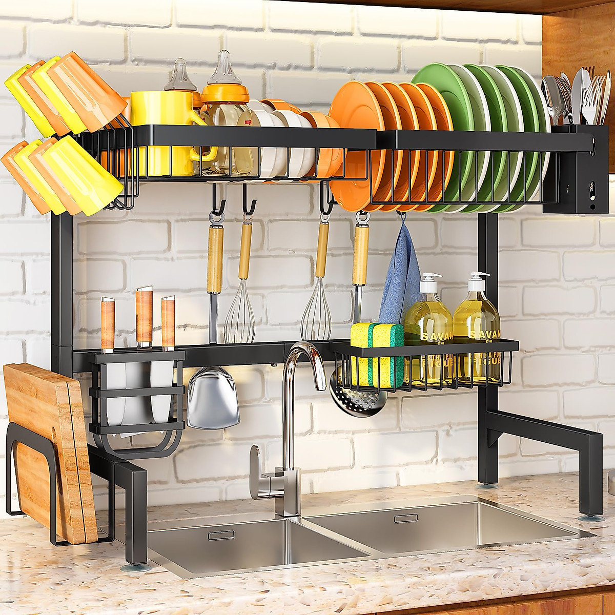 SNTD Over The Sink Dish Drying Rack, Width Adjustable (26.8" to 34.6") 2 Tier Dish Rack Drainer for Kitchen Counter Organization and Storage, Utensil Sponge Holder Sink Caddy Dryer Rack Black