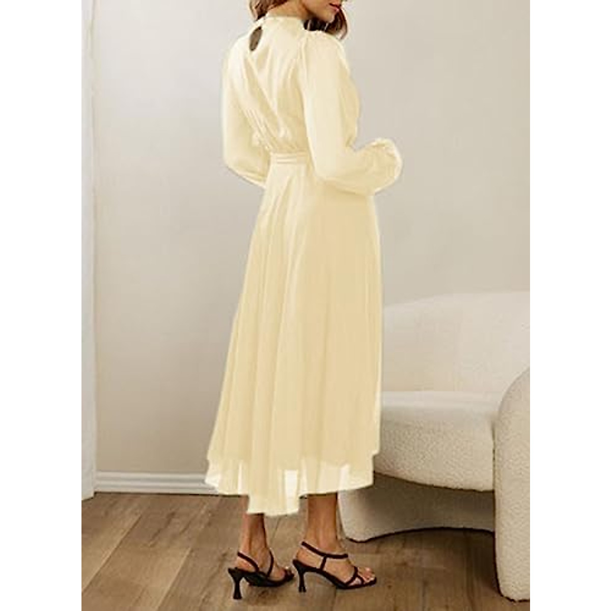 Dokotoo Womens Ladies Elegant Midi Dresses Sheer Long Sleeve Chiffon Elastic Waist A-Line Tie Waist Cocktail Evening Formal Dress for Women Fall Fashion 2023 Apricot Medium