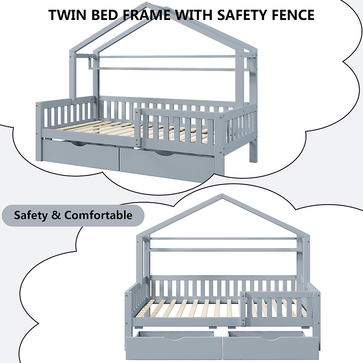 Aoowow Twin Size House Bed with Storage Drawers & Shelf,Kids Wooden Bed Frame Twin Platform Bed with Slats and Fence for Boys Girls Teens for Bedroom(Grey)