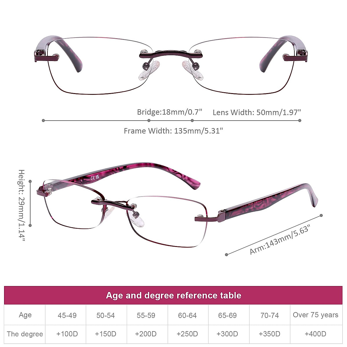 DOOViC 3 Pack Rimless Reading Glasses For Women Lightweight Elegant Blue Light Blocking Readers, Tinted Edge/Spring Hinge 2.00 Strength