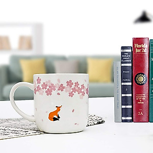 Teagas Elegant Pink Cherry Blossom Fox Ceramic Fox Coffee Mug Cup, Gift for Friend Teacher Cousin
