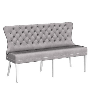LOULENS 65'' Upholstered Velvet Settee Bench 3 Seater, Modern Tufted Banquette Bench with Back, Accent Loveseat Sofa with Stainless Steel Leg for Dining, Living Room (Gery)