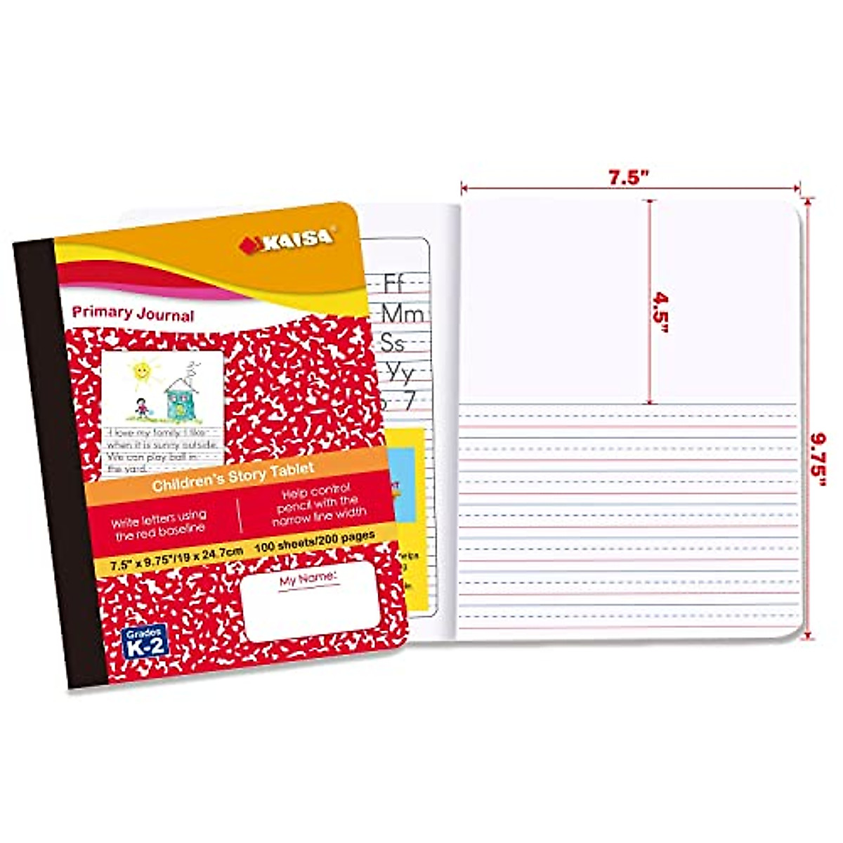 KAISA Kids Handwriting & Drawing Story Journal Writing Tablet, 7.5"x9.75" Composition Notebook For Grades K- 2, 100 Sheets (200 Pages) Creative Story Notebooks,4pads,C10010P