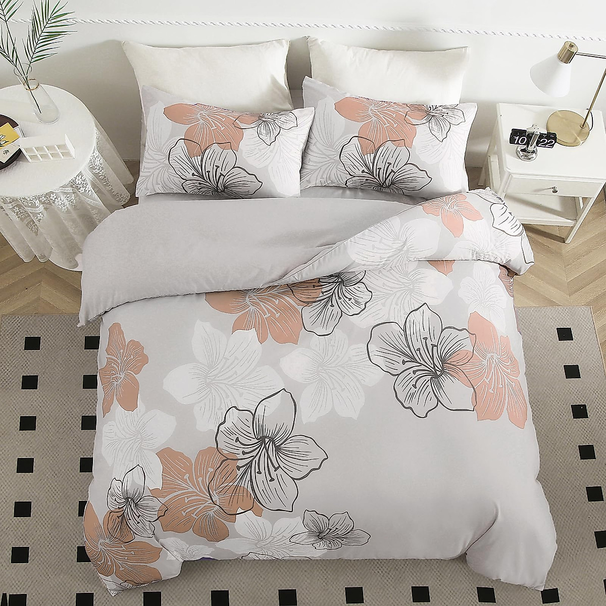 Xruibed Duvet Cover Set Queen Size Pink Blush Floral Pattern Comforter Cover Elegant Flower Duvet Cover with 2 Pillow Cases Lightweight Floral Bedding Cover Set All Season (Queen,90"x90")