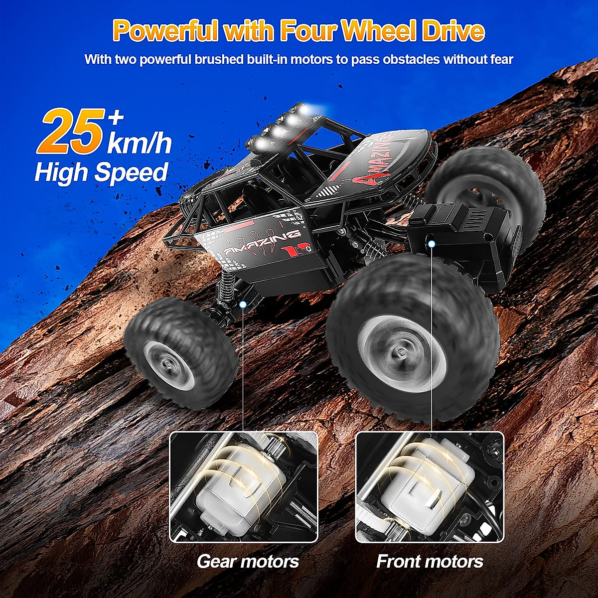 HENEROAR RC Cars,1:14 Scale All Terrain Remote Control Car, 4WD 2.4GHz Off Road Monster Vehicle RC Truck Crawler with Dual Motors, 2 Rechargeable Batteries for 90 Min Play, Toy Gift for Boys Girls