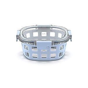 Ello Duraglass Meal Prep Container, 4 Cup- Glass Food Storage Container with Silicone Sleeve and Airtight BPA-Free Plastic Lid, Dishwasher, Microwave, and Freezer Safe, Halogen Blue