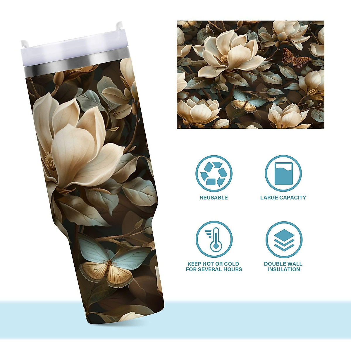 Msyxl 30 oz Insulated Stainless Steel Tumbler with Handle and Straw Lid - Leak-proof Coffee Mug for Men Women, Travel Mug Fits Cup Holder (Magnolia Flowers)