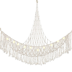 63" x 63" x 51.2" Boho Stuffed Animal Toy Hammock Macrame Large Corner Mesh Toy Storage Hanging Wall Toys Organizer with Light for Bedroom Decor