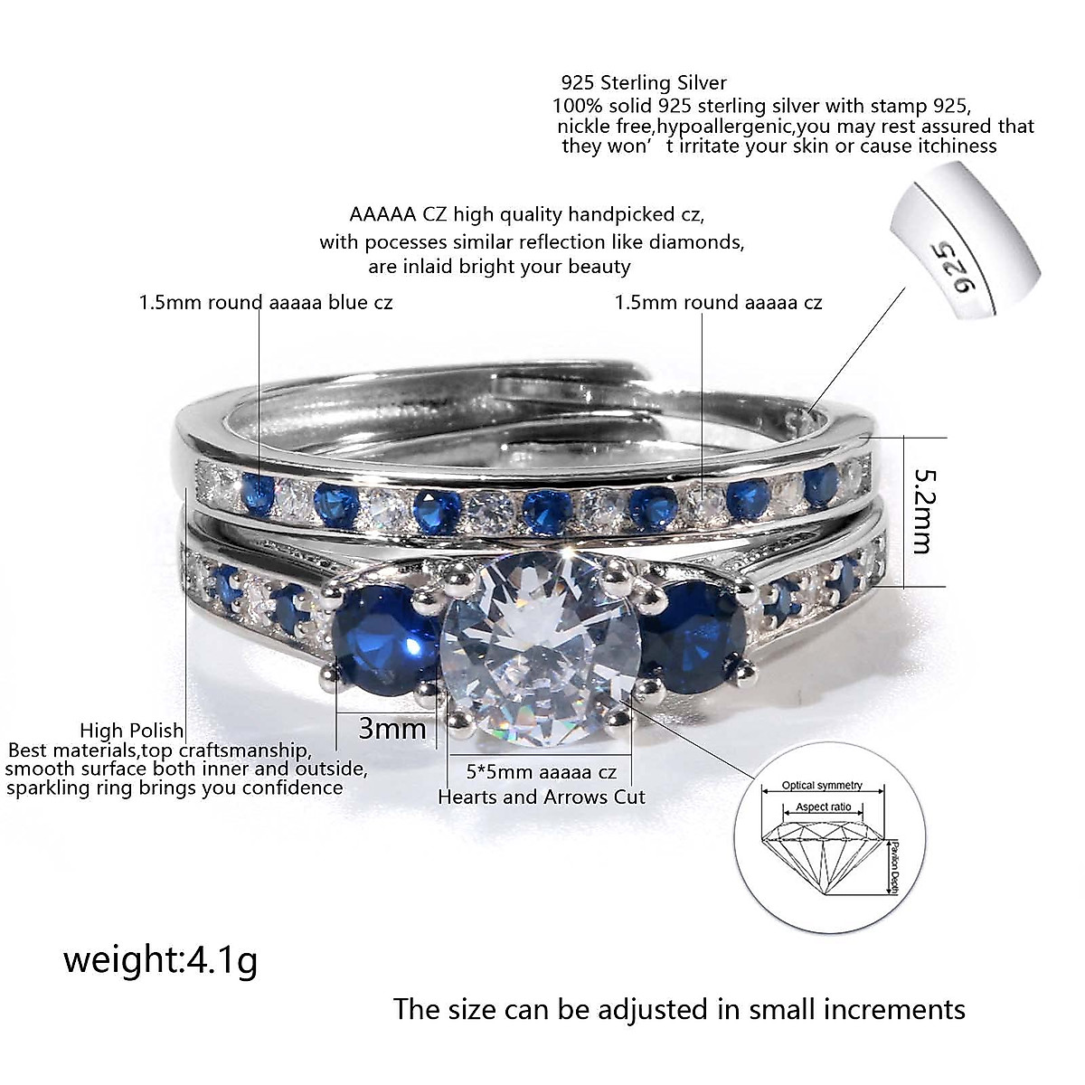 MASHAN Adjustable Size Women Wedding Ring Sets 10K Gold Plated 925 Sterling Silver 1.5ct AAAAA CZ Three Stone Engagement Ring Blue Cz Wedding Band